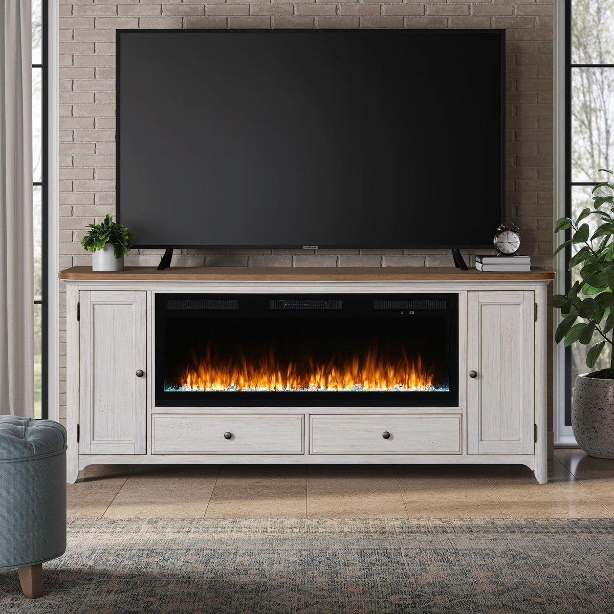 Fireplace TV Consoles - 80" Console With Fire FTS Set - Brown / White ...
